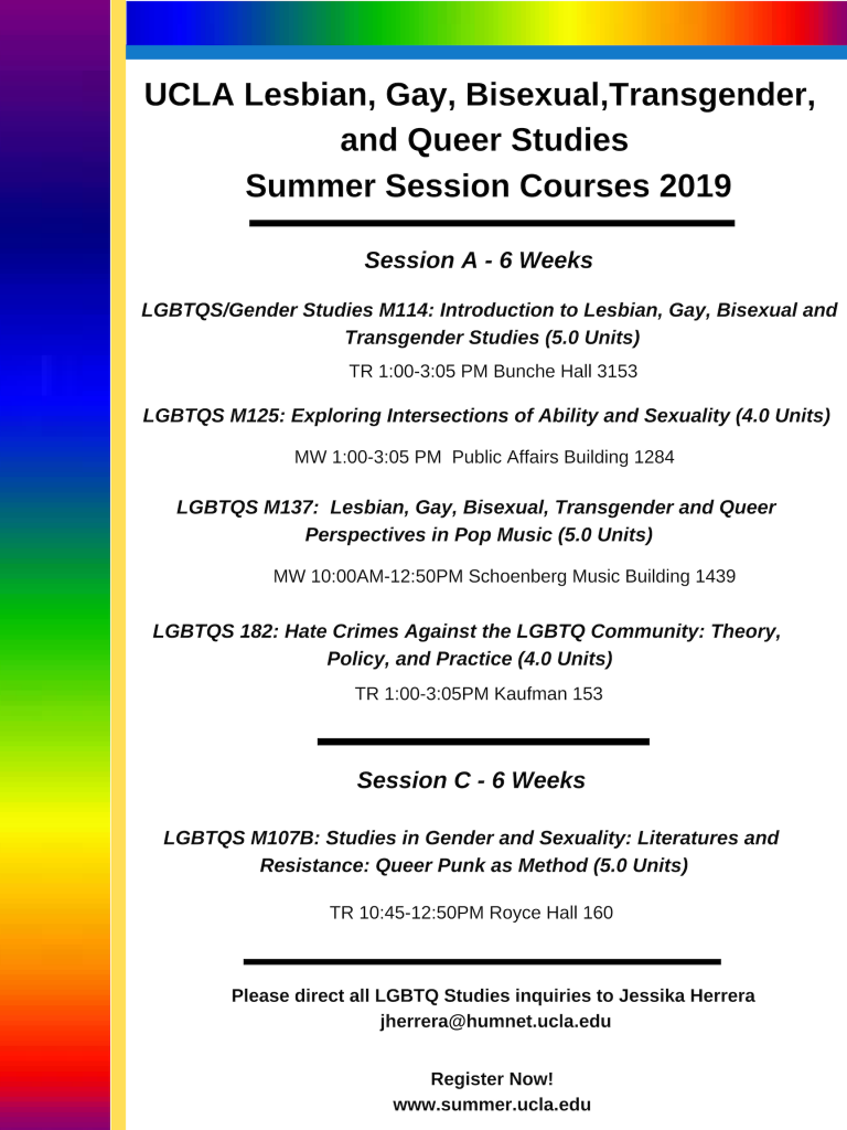 Summer 2019 LGBTQS Course Offerings Announced - LGBTQ Studies - UCLA